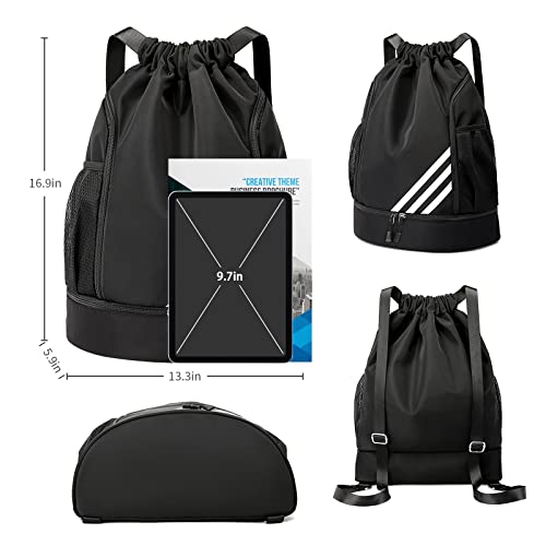 Oziral Drawstring Backpack Water Resistant String Bag Gym Sports with Shoe Compartment Side Mesh Pockets for Women Men (Black)