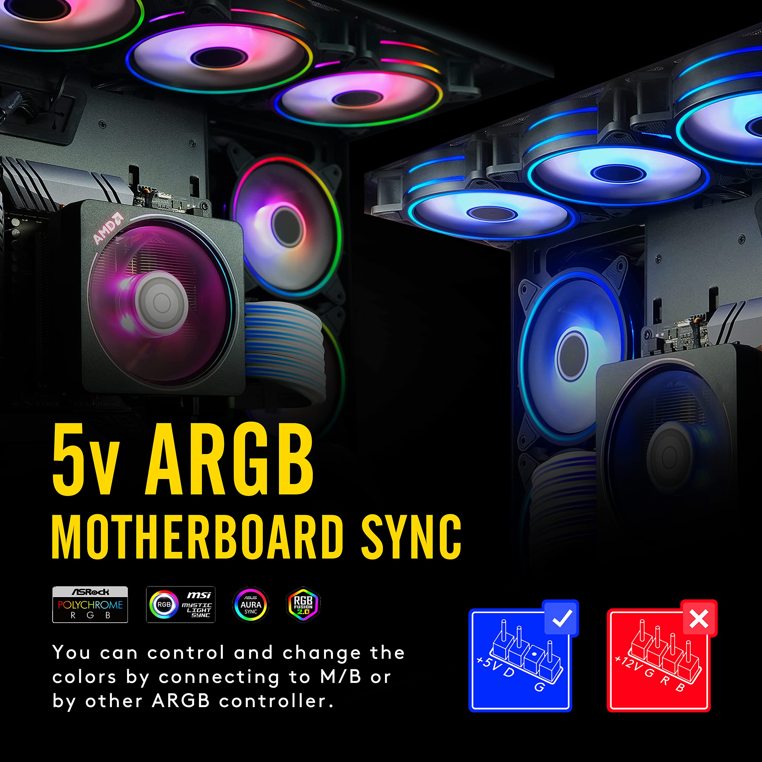 EZDIY-FAB Moonlight 120mm RGB Case Fan with Fan Hub X and Remote,Motherboard Aura SYNC,Speed Control,ARGB Fan for PC Case Desktop-6 Pack