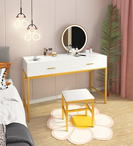 Vanity Bench Vanity Stool Chair for Bathroom Makeup Vanity Chair for Vanity Makeup Room Small Tall Gold White-NO pre-drilled Holes in The Bottom