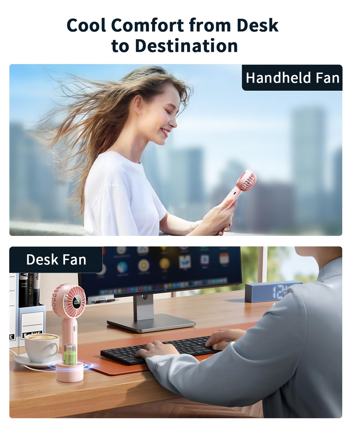 Handheld Fan with πͺπΆπΏπ²πΉπ²ππ Charging Base, 3 Speeds Portable Fan with Digital Display, 2000mAh Battery Operated Hand Held Fan, Handheld/Desk 2 in 1 Personal Fan Lash Fan Makeup Fan (Pink)