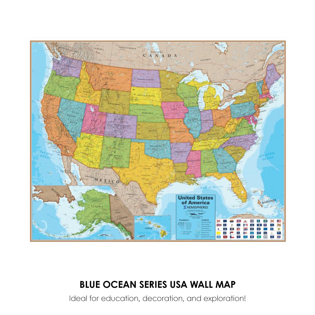 Waypoint Geographic Blue Ocean Series USA Wall Map, Laminated World Map Poster, Educational Wall Art For Home, Classroom, or Office, Unique Gifts, 48β x 38β