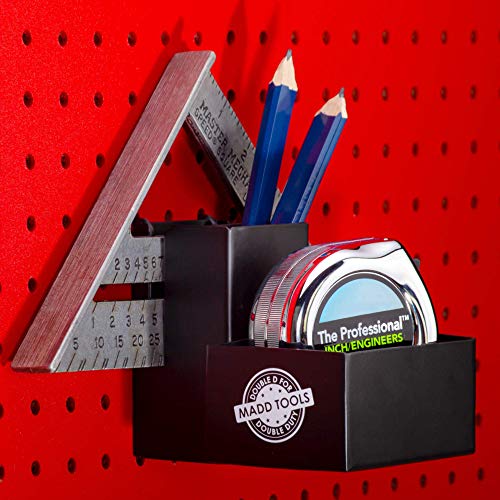 MADD Tools Peg Board Tape Measure Holder Accessory Kit - Includes Pencil Box and Carpenter Square/Triangle Holder – Black Pegboard Accessories with Heavy Duty Peg Board Hooks – 16 Gauge Steel