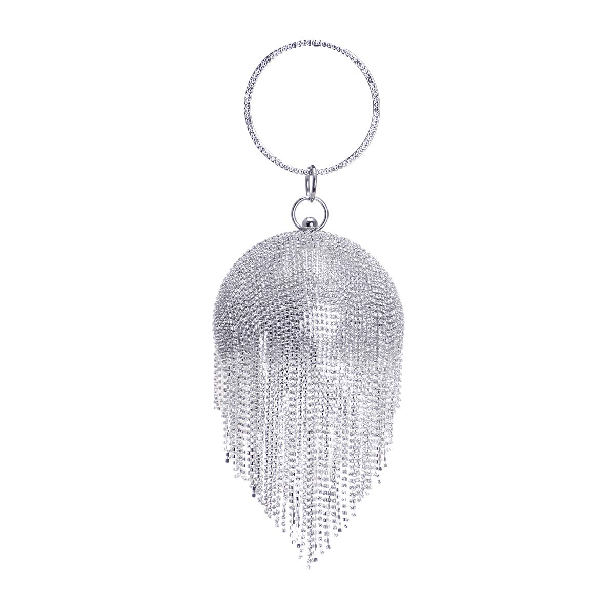 Flada Round Ball Clutch Purse Women Crystal Evening Bag Tassel Wedding Party Handbag, Silver, Small