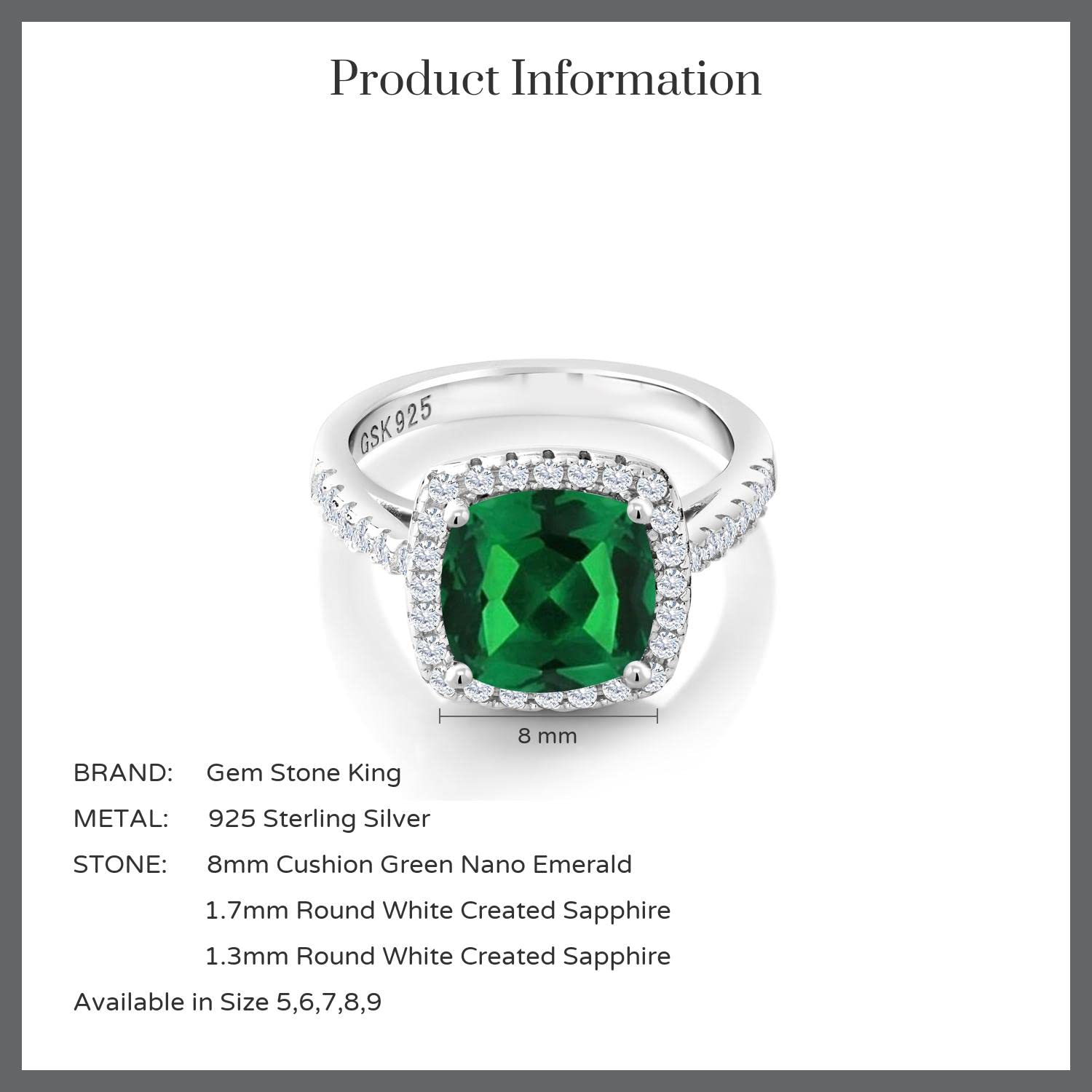 Gem Stone King 925 Sterling Silver Simulated Emerald and White Created Sapphire Engagement Ring For Women (3.00 Cttw, Available In Size 5, 6, 7, 8, 9)