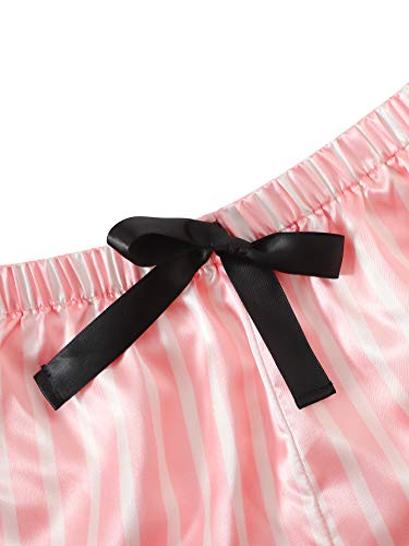 WDIRARA Women's Satin Sleepwear Short Sleeve Button Shirt and Shorts Pajama Set Silky PJ Striped Pink XXS