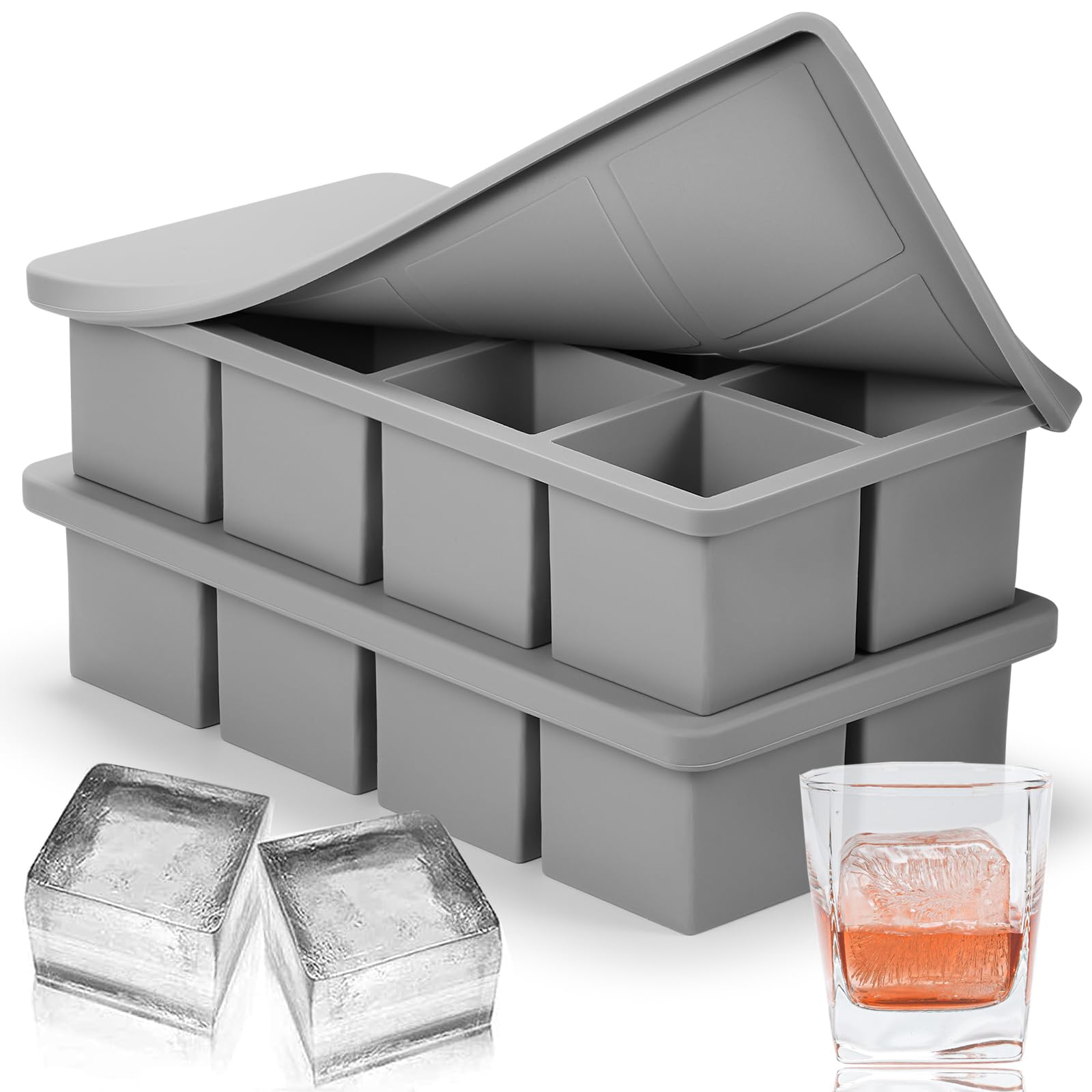 Nax Caki Silicone Ice Cube Tray with Lid 2 Pack (2024 New Version - Secured,Easy Release,Odor Free),Stackable Large Ice Cube Molds, 2" Square Whiskey Ice Cubes Mold for Bourbon,Cocktails,Frozen Treats