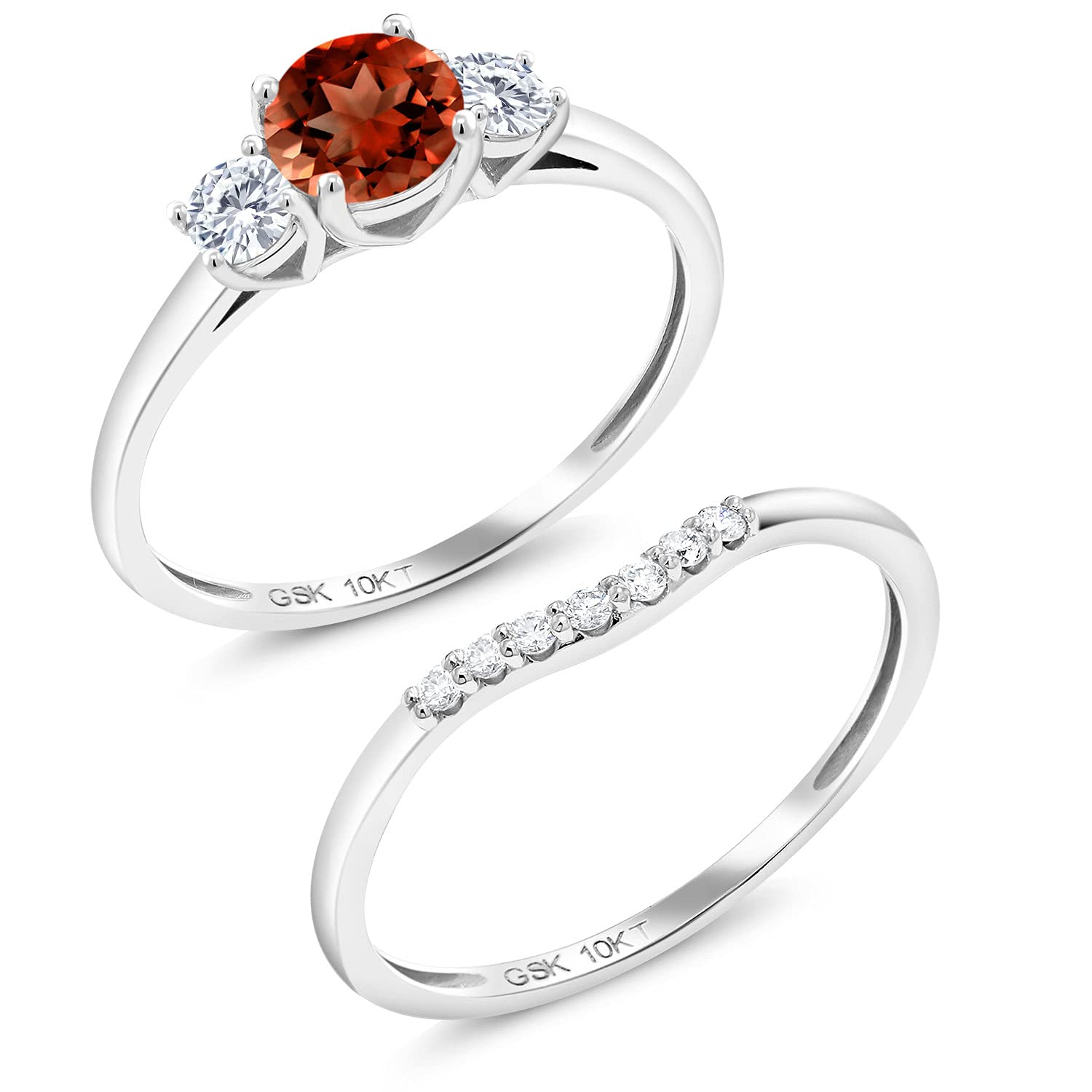Gem Stone King 10K White Gold Red Garnet and White Lab Grown Diamond 3-Stone Bridal Engagement Wedding Ring Set For Women (1.24 Cttw, Gemstone January Birthstone, Round 5MM, Size 8)