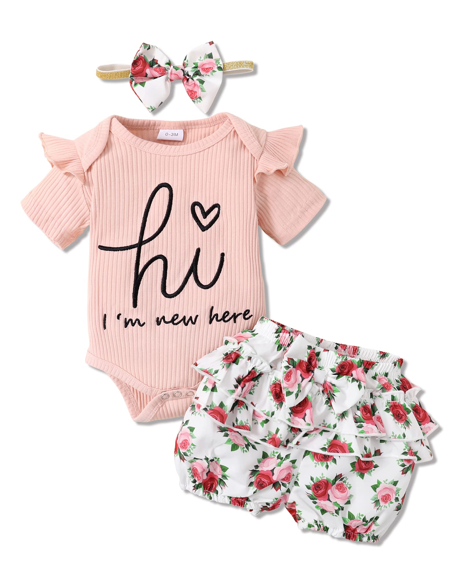 SOLOYEE Baby Girl Clothes,3PCS Ruffled Jumpsuit Tops + Floral Trousers + Floral Headband,Infant Toddler Baby Girl Suit