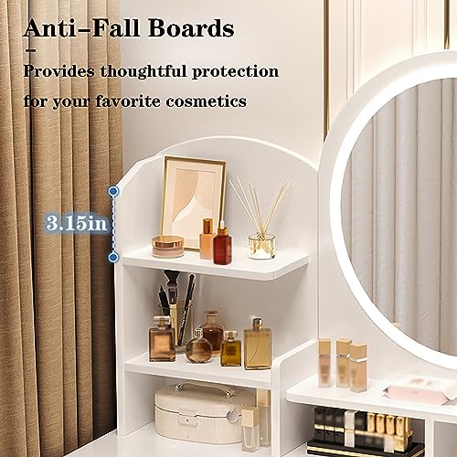 Vanity Set with Lights and Stool Makeup Vanity Desk with Mirror Dressing Table with Four Drawers Raise the Fence to Prevent Falling Exquisite Handle Smooth Pulling Three Level Brightness Adjustment (