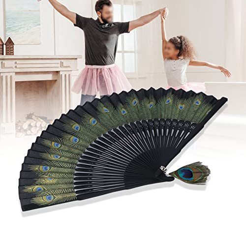 Handheld Folding Fan, Chinese Style Black Beautiful Peacock Pattern Antique Bamboo Hand Fan for Performance Clothes Decoration Gift, Folding Fan Bag Hand Bamboo Decorative Fans Chinese Pride held