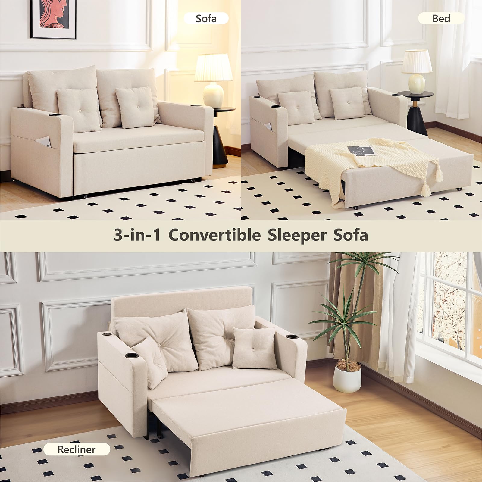 Redlife 55" Love Seat Sleeper Bed, 3 in 1 Convertible Sofa Bed, Linen Fabric, Easy to Pull Out, with Pillows, Cup Holder, Charging Port Pull Out Couch for Small Space (Beige)