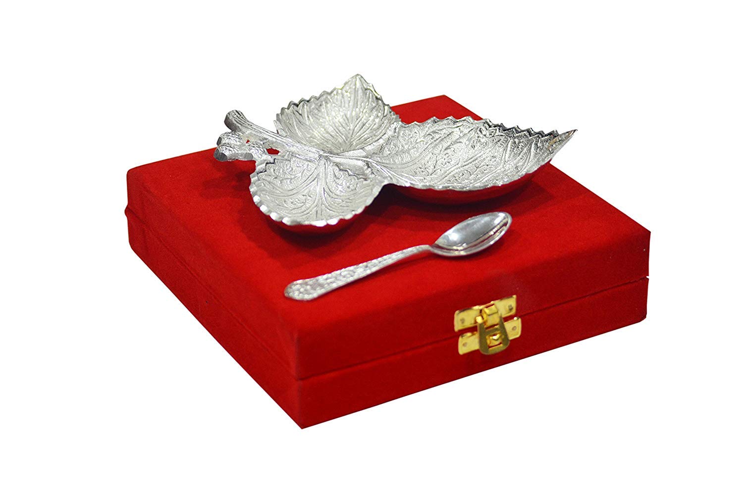 Indian Accent Silver Plated Brass Leaf Shaped Bowl 7” With Spoon Royal Design From