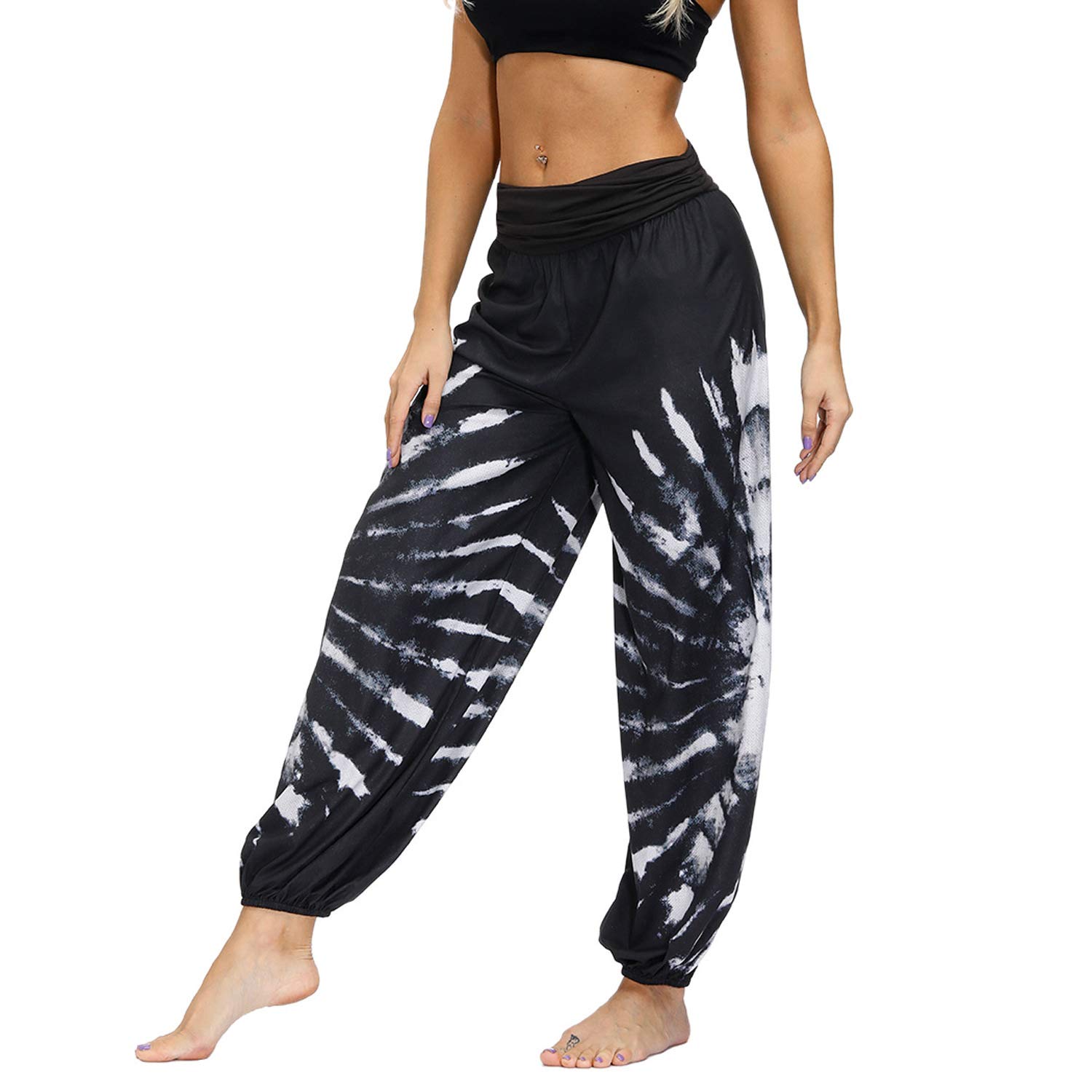 Lu's Chic Women's Boho Hippie Pants Yoga Thai Indian Bohemian Summer Cinch Bottom High Waisted Printed Pants Black Style3 X-Large
