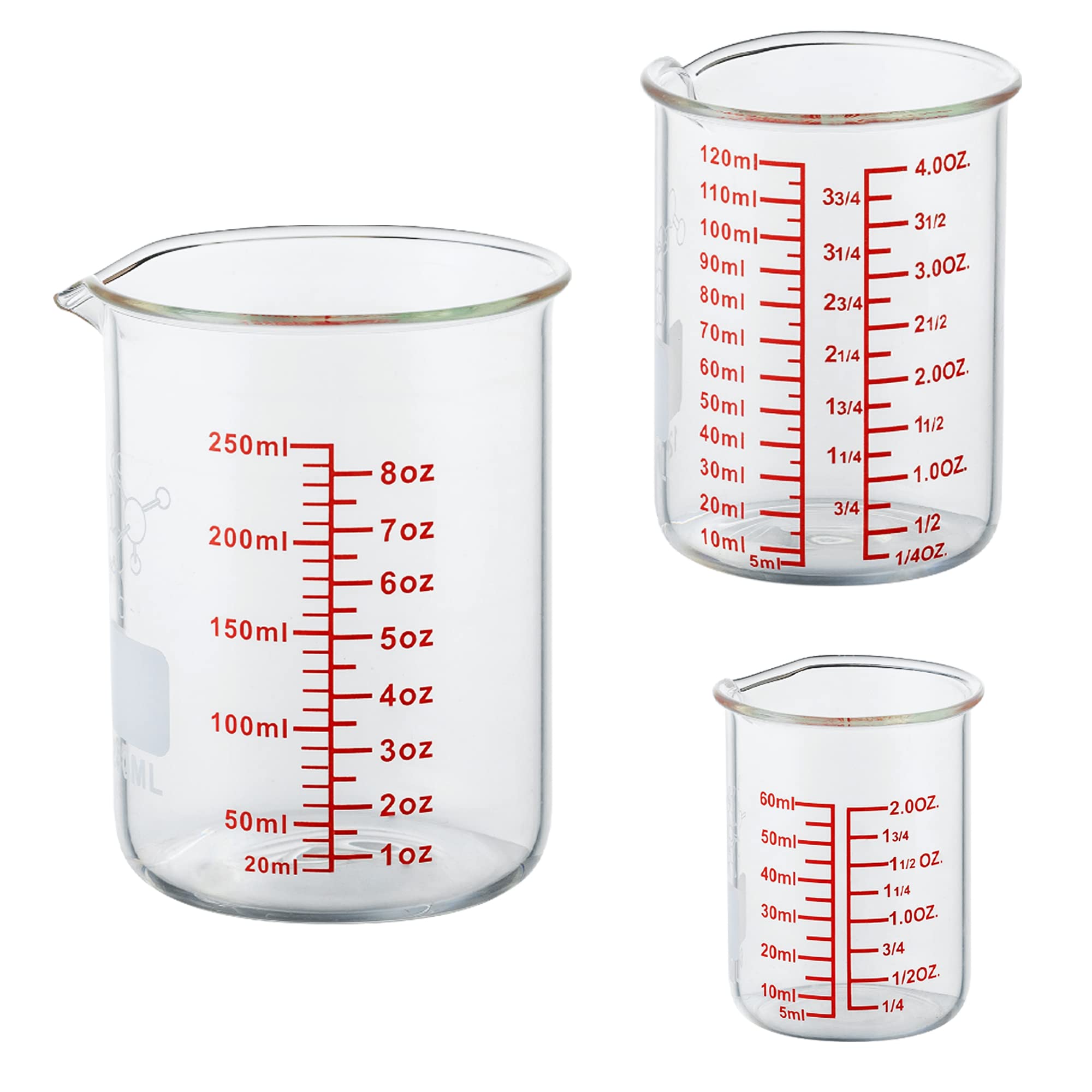 High Borosilicate Glass Measuring Cup Set-V-Shaped Spout，Includes 60ml(2OZ), 120ml(4OZ), and 250ml(8OZ) Glass Measuring Beaker for Kitchen or Restaurant, Easy to Read