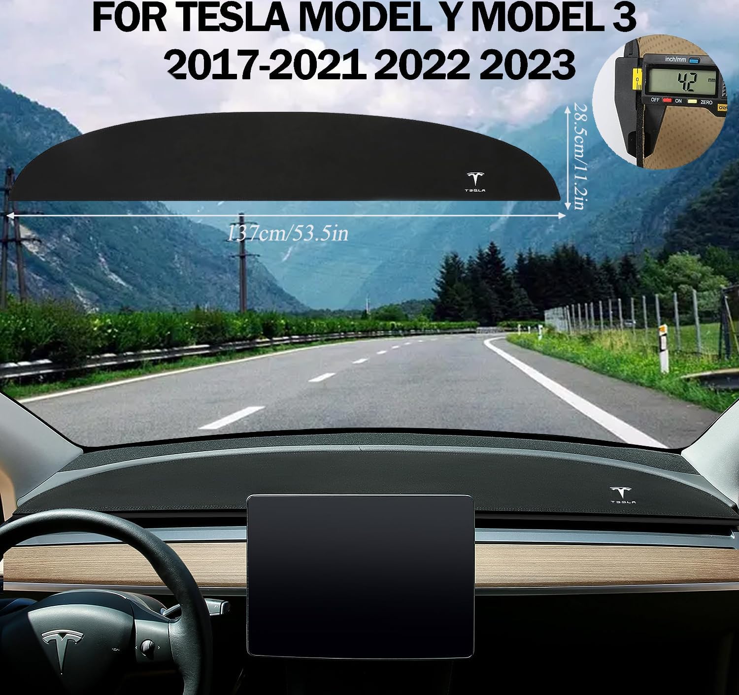 FocoMyLord Dashboard Cover for Tesla Model 3/Y, Alcantara Dashboard with Pad Dash Mat Compatible with Tesla Model Y Model 3 2017-2021 2022 2023 Dashboard Decorative Interior Auto Accessories