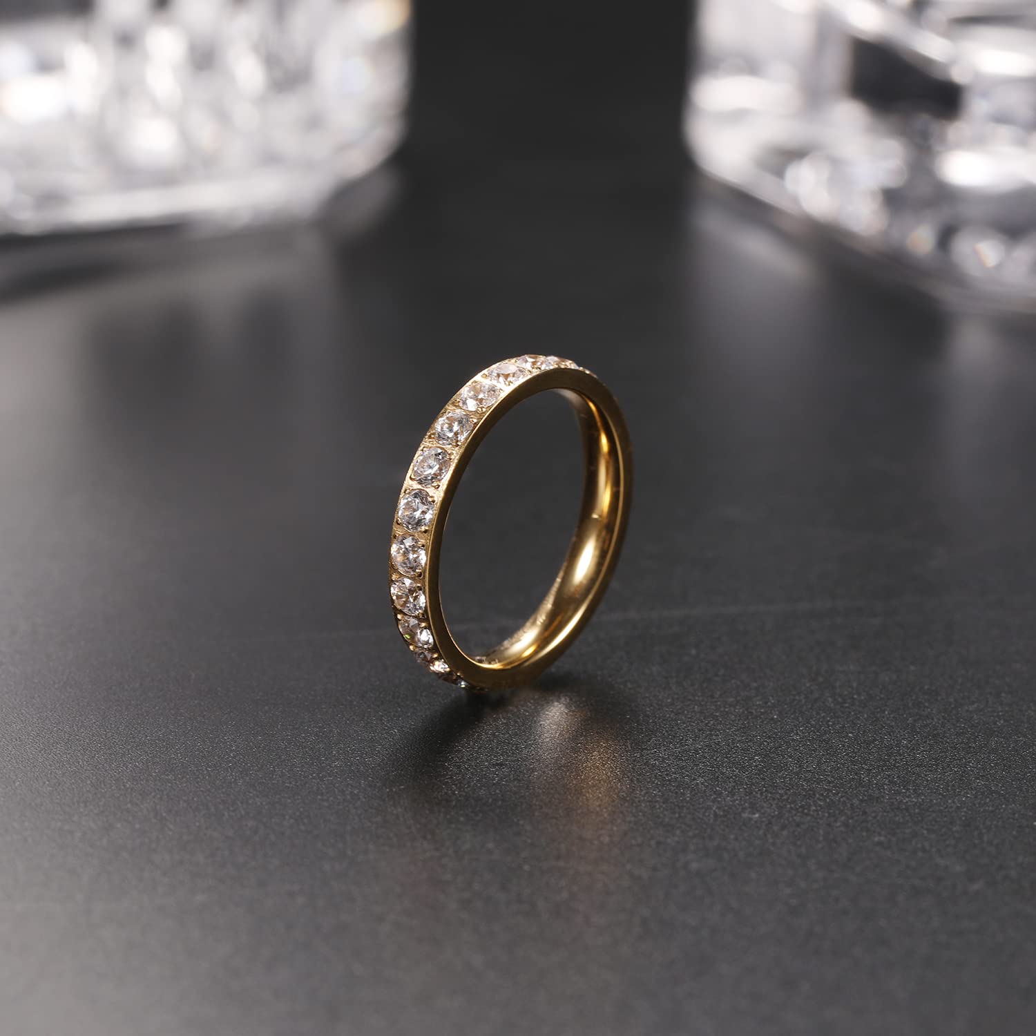 FUNLMO 3mm Women Titanium Eternity Ring Cubic Zirconia Engagement Anniversary Ring Wedding Band Size 5 to 10(Gold, 9)
