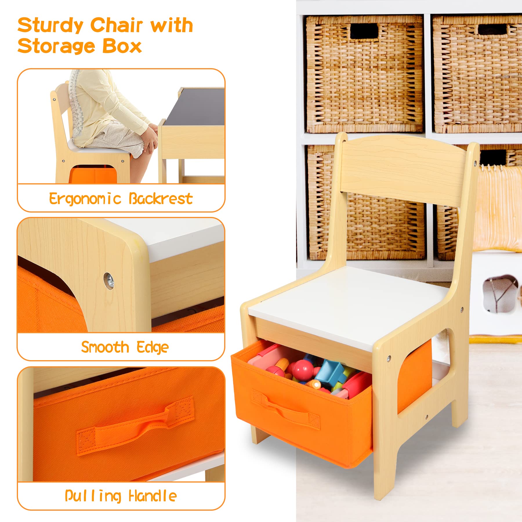 RedSwing Kids Table and Chair Set, 3 in 1 Wooden Childrens Craft Table with 2 Chairs Storage Drawers,Toddler Activity Art Table for Drawing,Reading,Playroom