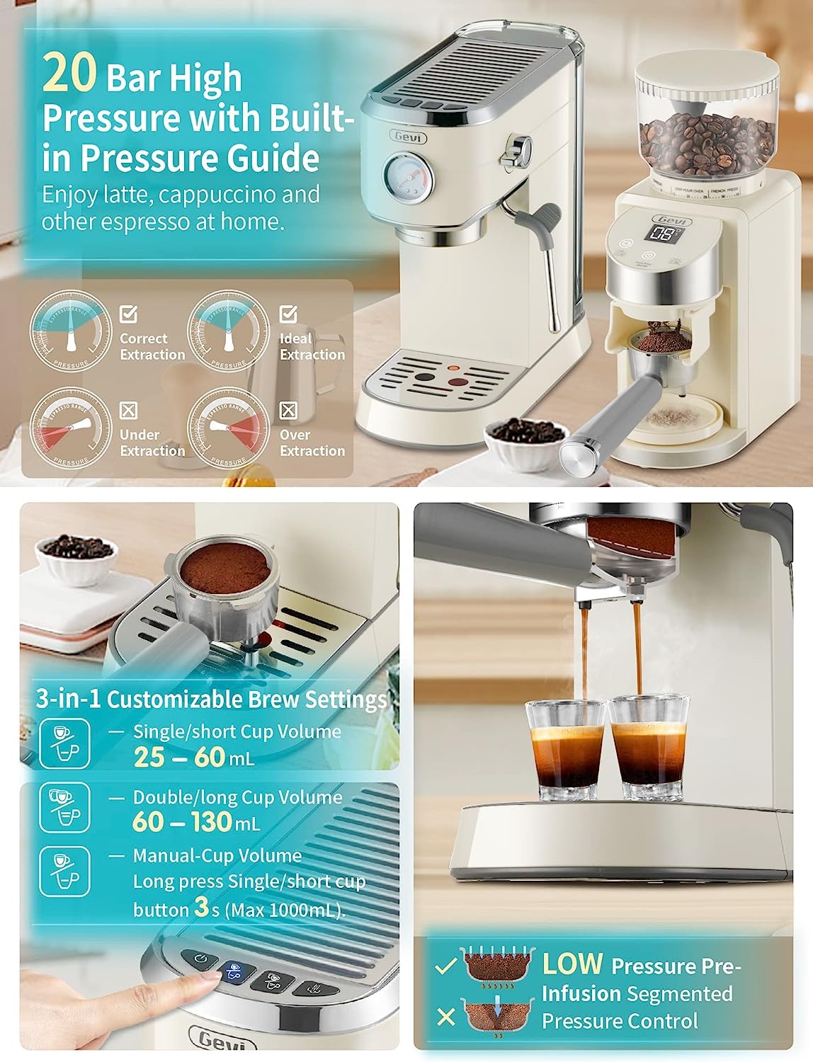 Gevi 20 Bar Professional Espresso Machine with 35 Precise Grind Settings Burr Coffee Grinder, GECME022-U
