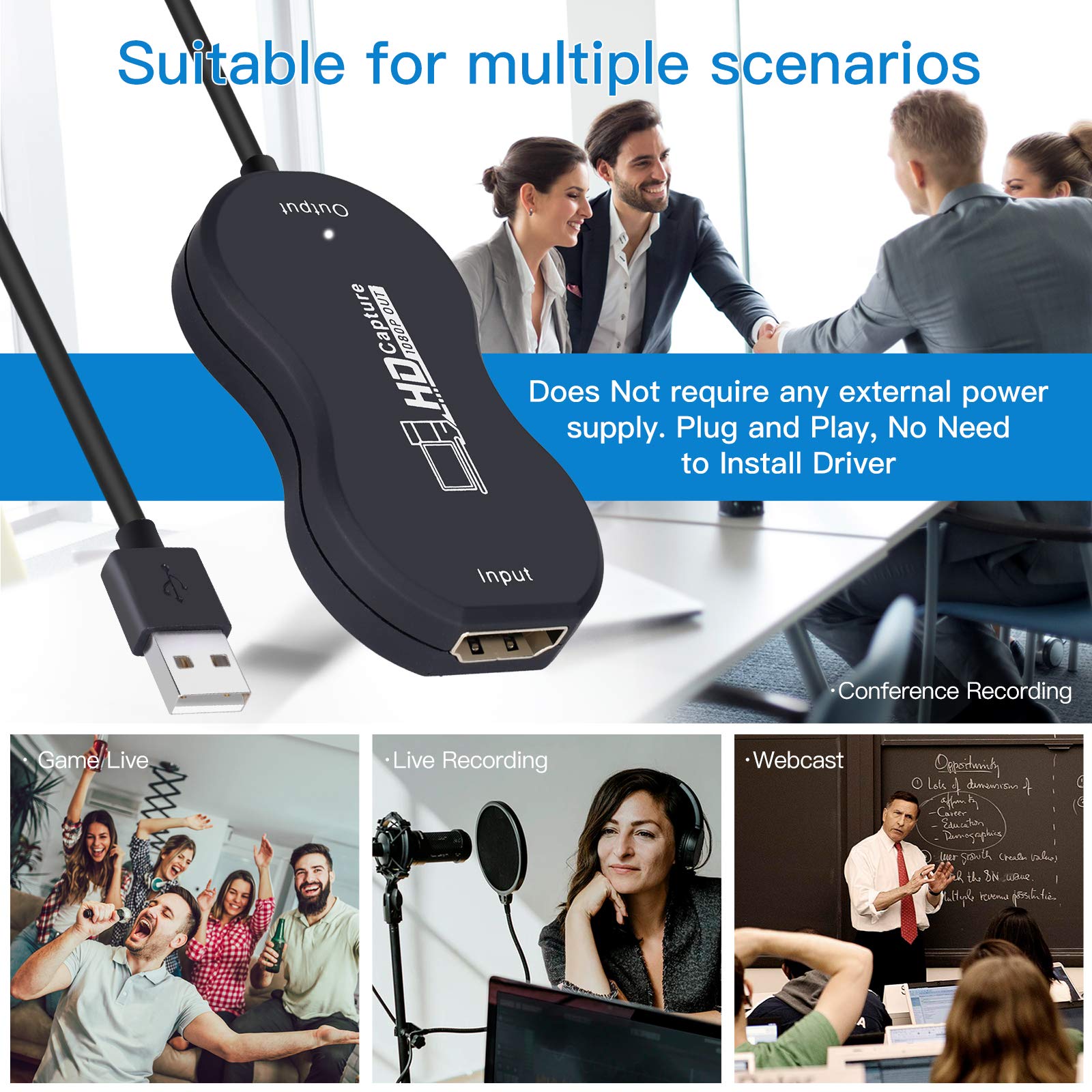 HDMI Video Capture Card 1080P, Cam Link Card Game Capture Card Audio Capture Adapter HDMI to USB Record Capture Device for Streaming, Live Broadcasting, Video Conference, Teaching, Gaming