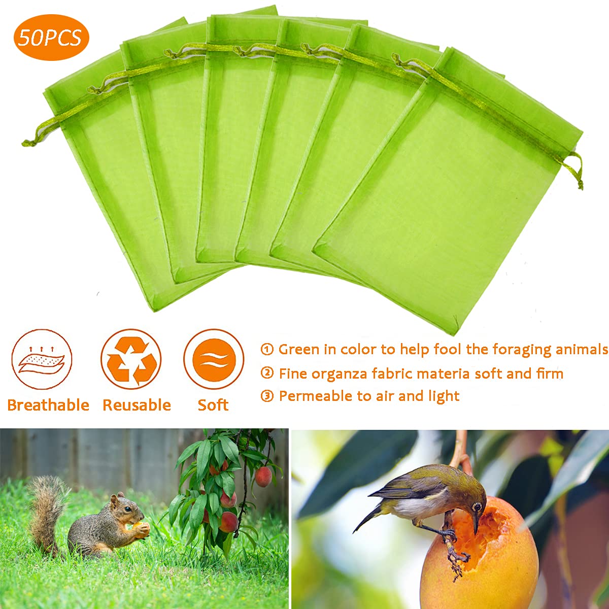 Miuezuth 50PCS Fruit Protection Bags, 5.9x3.9'' Green Netting Bags for Fruit Trees, Garden Fruit Cover Mesh Bags with Drawstring for Plant Fruit Flower and Vegetables