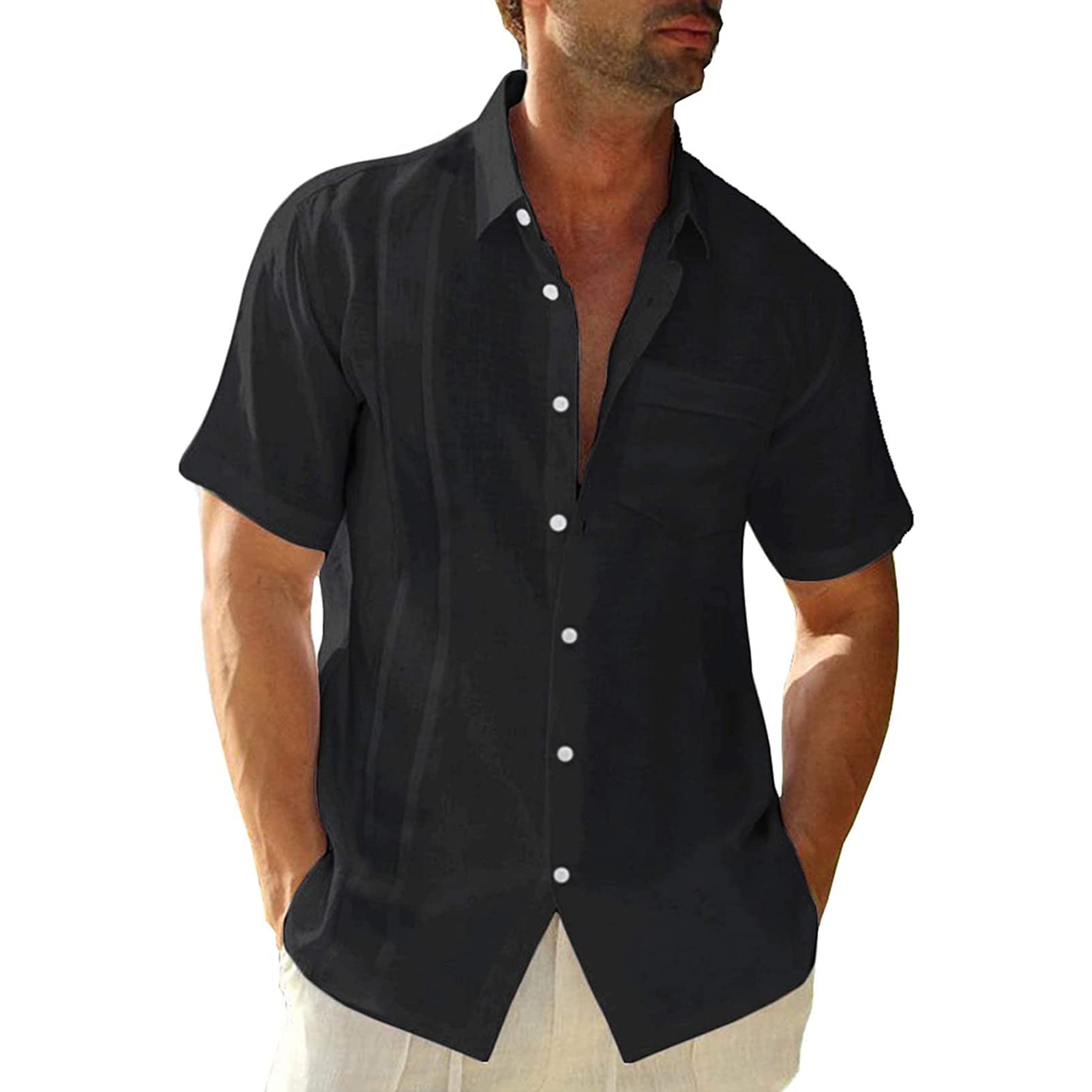 Maiyifu-GJ Men's Short Sleeve Cotton Linen Shirts Lightweight Summer Button Down Shirt Holiday Beach T Shirt with Pocket (Black,3X-Large)