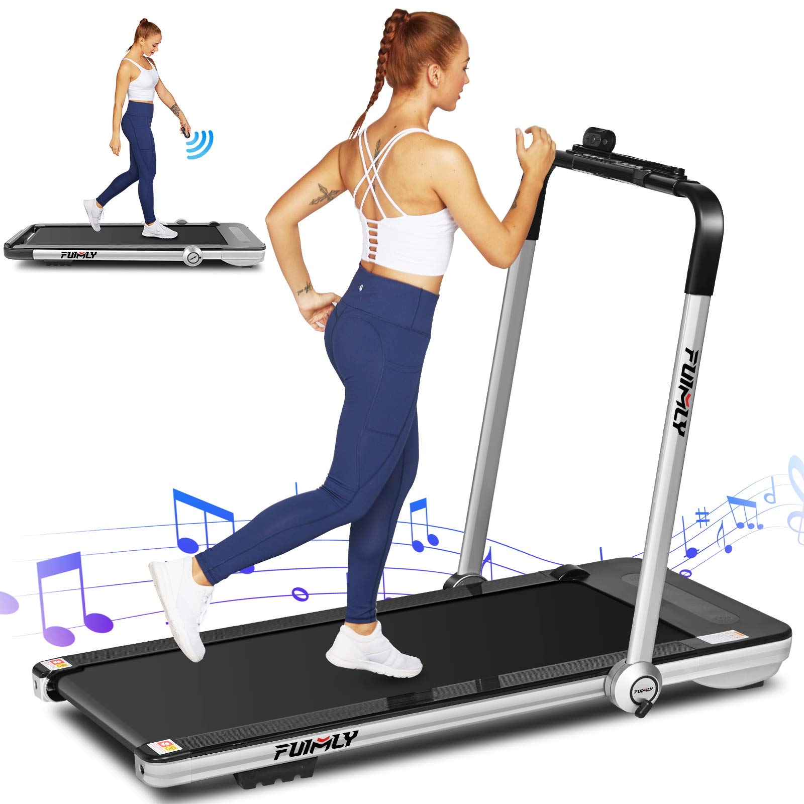 FUNMILY Treadmills for Home,2-in-1 Under-Desk Treadmill for Walking & Running,No Assembly Required,Jogging Machine for Office,Gym with Remote Control, Bluetooth Speaker and LED Display (Silver)