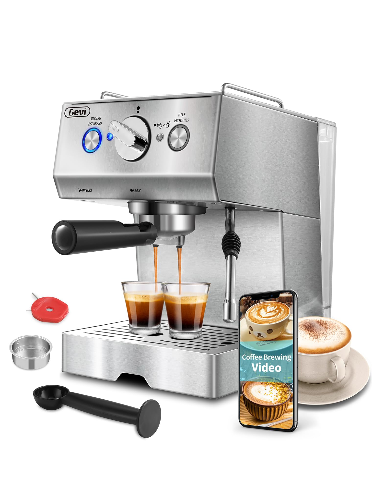 Gevi Espresso Coffee Machine,Espresso Machine with Steamer, Compact Semi Espresso Maker with Milk Frother for Home, Stainless Steel Cappuccino Machine for Cappuccino, Latte, 1100W