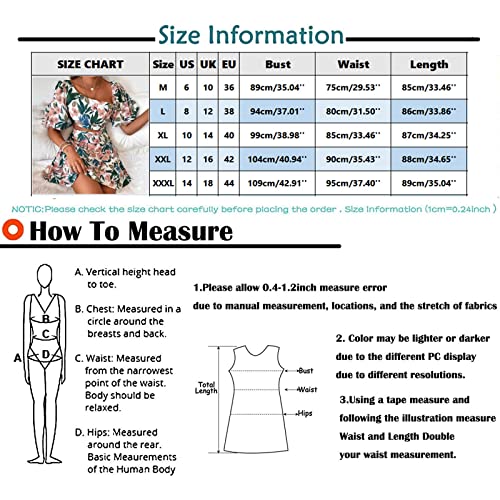 High Slit Women's Square Neck Ruffle Mini Dress Smocked Cut Out Ditsy Floral Backless Puff Short Sleeve Red