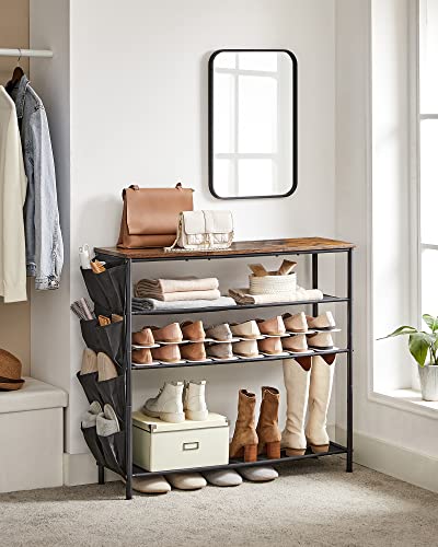 VASAGLE 5 Tier Extra Long Shoe Rack, 39.4 Inches Shoe Organizer with 8 Side Pockets, Shoe Shelf for Closet Entryway, with 4 Fabric Shelves, Steel Frame, Industrial, Rustic Brown and Black ULBS039B01