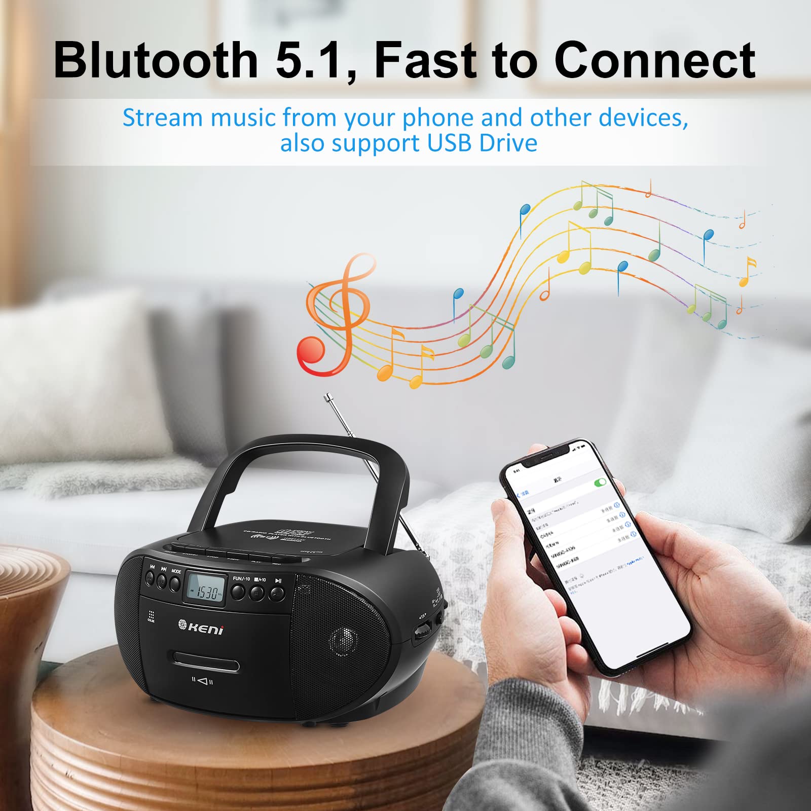 G Keni Portable CD and Cassette Player Boombox Combo, Casette Tape Recorder with Remote, AM FM Radio, USB Playback with Earphone Jack, 5.1V Bluetooth Speaker, Battery Operated or AC Powered for Home