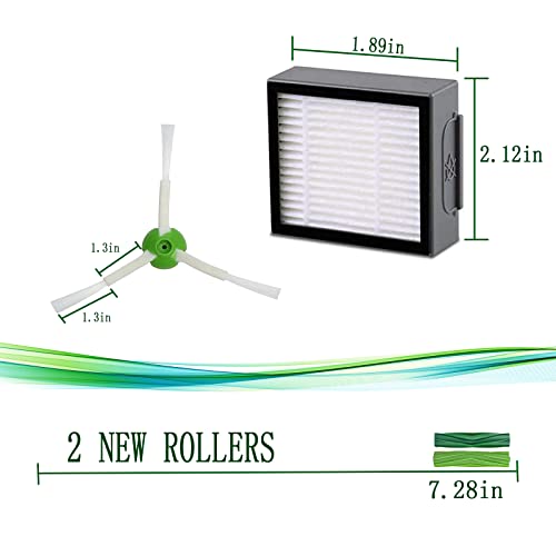 Replacement parts accessories compatible with irobot Roomba i3 i3+ i4 i6 i6+ i7 i7+ i8+/Plus E5 E6 E7 I, E&J series vacuum cleaner, 1 set multi-surface rubber brushes, 3 air filters & 3 side brushes.