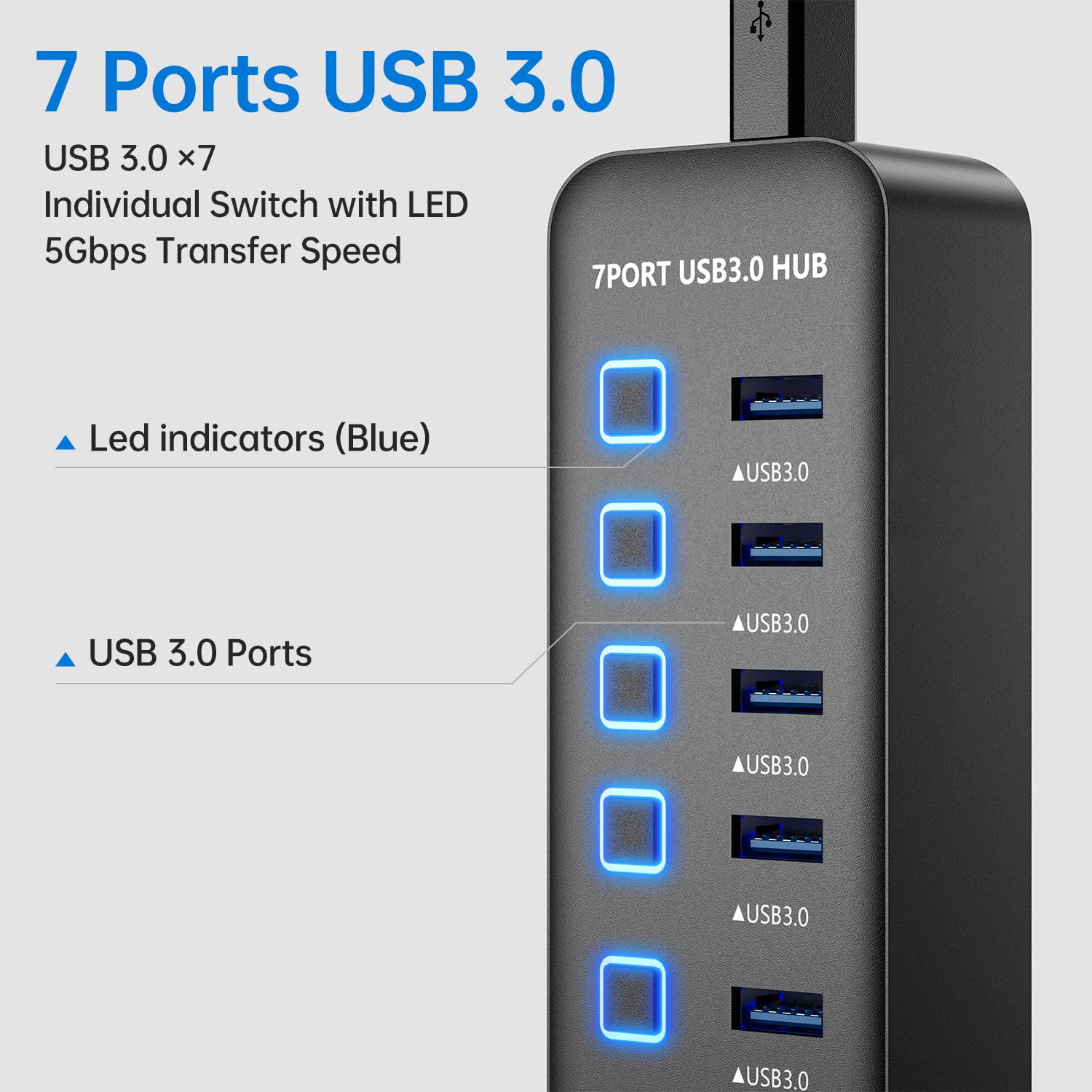 ONFINIO USB Hub 3.0 7 Port, USB Data Hub Splitter with LED Individual On/Off Switches and Lights, 5Gbps High Speed USB Port Expander for MacBook, Mac Pro, Mac Mini, iMac, Surface Pro, XPS, PC