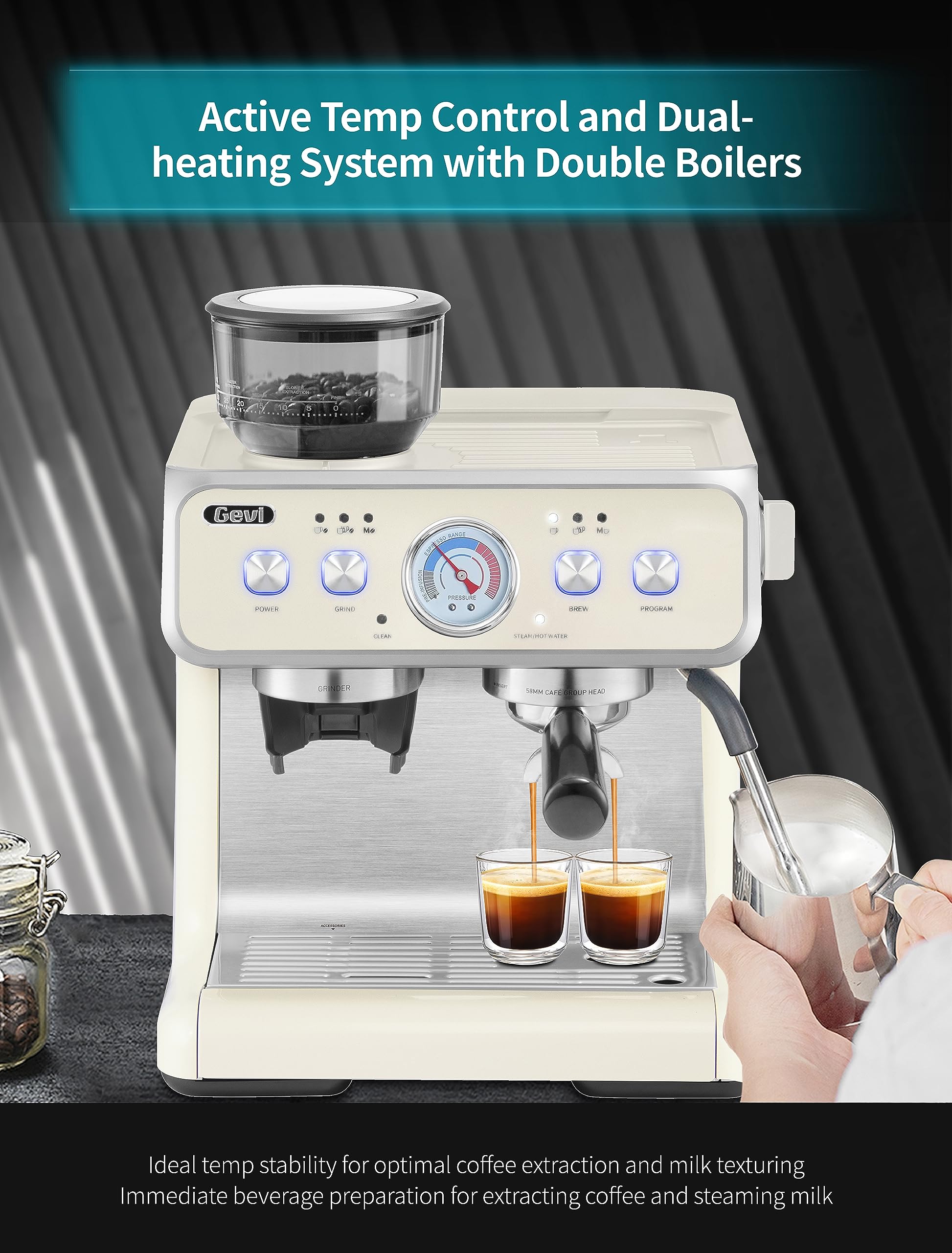 Gevi Espresso Machine & Coffee Maker - 20Bar Semi Automatic Espresso Machine With Grinder & Steam Wand – All in One Espresso Maker & Latte Machine for Home Dual Heating System