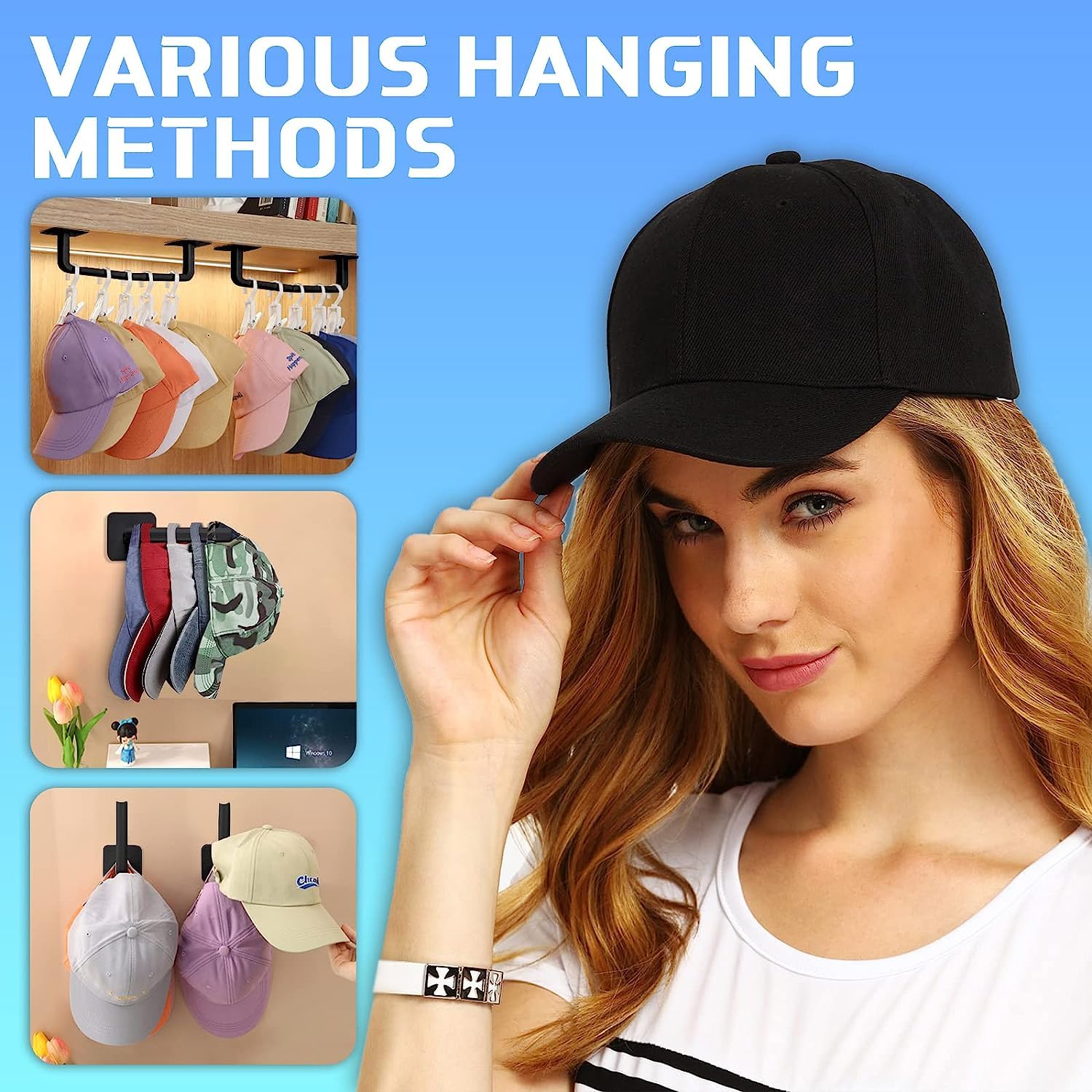 Hat Rack for Wall Hat Organizer (6-Pack), Hat Racks for Baseball Caps, Adhesive Hat Hooks for Wall, No Drilling Hat Hangers for Closet Cowboy Hat Holder Display, Sticky Hat Storage for Baseball Cap