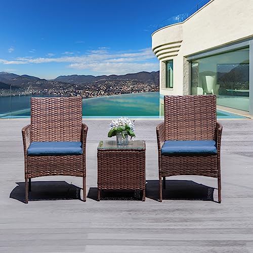 PAIQIAN Patio Furniture Set 3 Pieces of Outdoor Furniture, Patio Table and Chairs with Thick Cushion Sectional Outdoor Set, Manual Wicker Patio Conversation Set for Porch Backyard Lawn Garden Pool