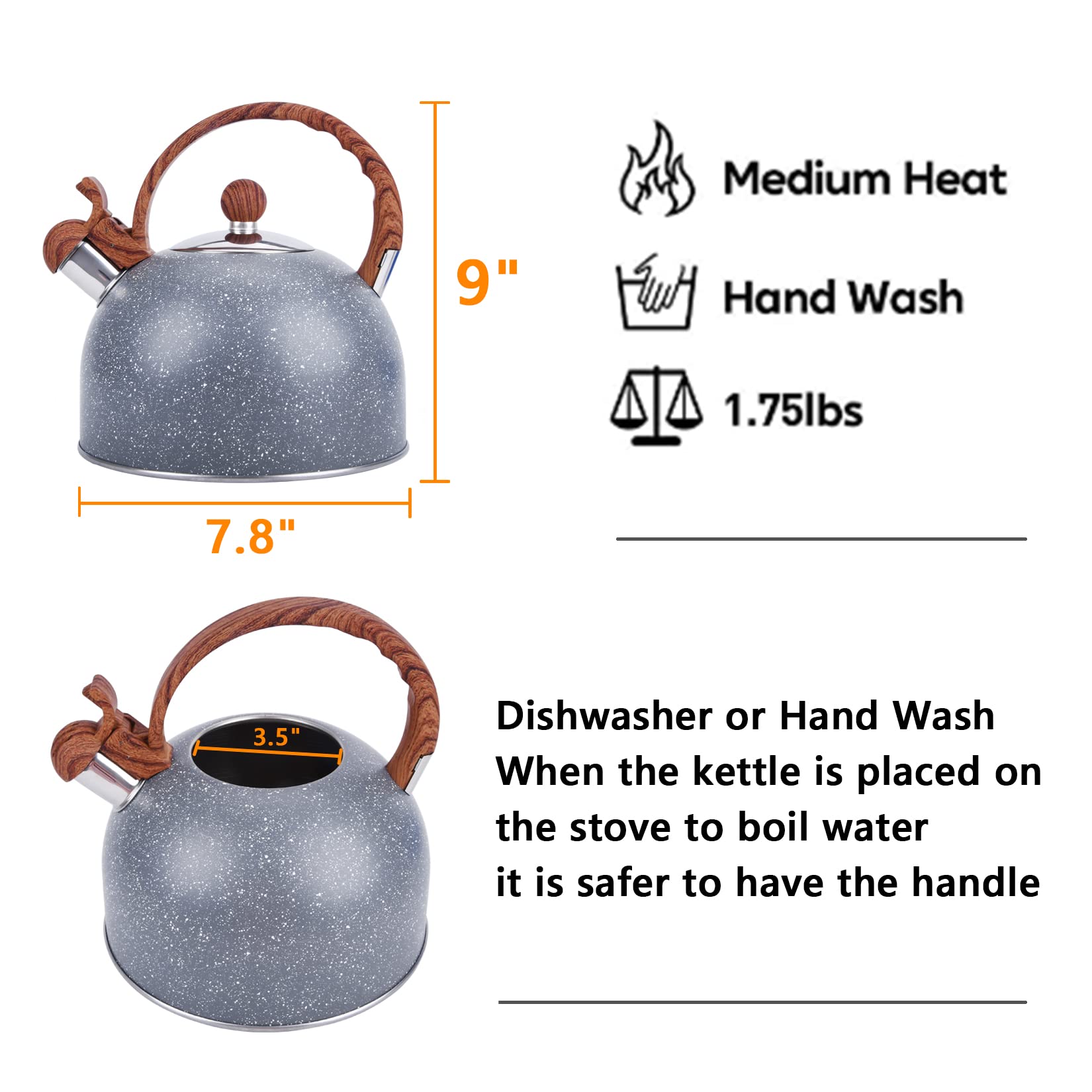 Foedo Tea Kettle for Stove Top, 102 OZ / 3 Liter Tea Pots for Stove Top, Whistling Tea Kettle Food Grade Stainless Steel with Wood Pattern Handle for Tea, Coffee, Milk(Grey)