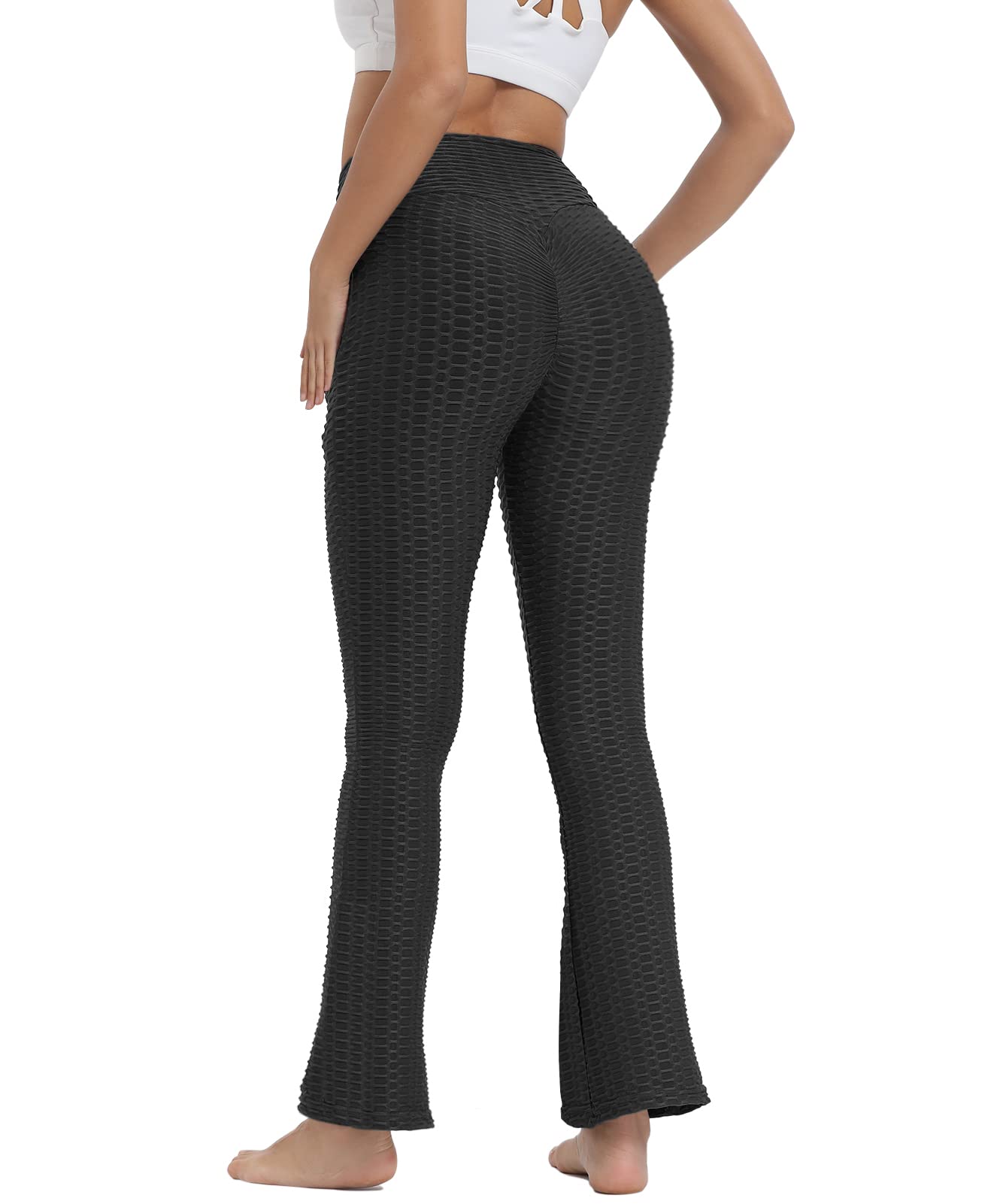 FIGKICKSEN High Waisted Flare Pants for Women Crossover Honeycomb Bootcut Yoga Pants Bootleg Wide Leg Leggings Black