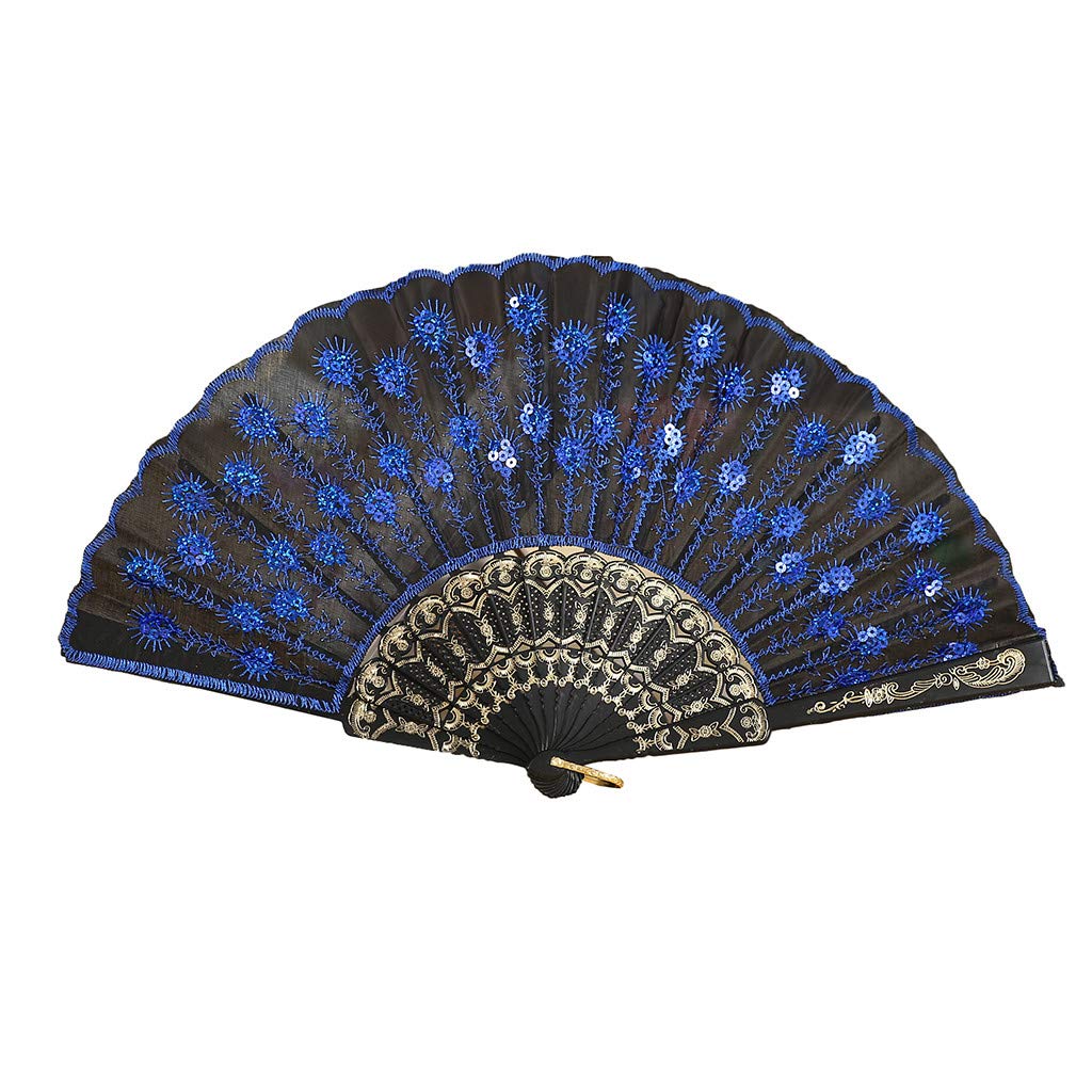 Folding Flower Hand Chinese Dance Wedding Silk Fan Style Lace Party Held Fans 6 Clip Fan Oscillating (Blue-`, One Size)