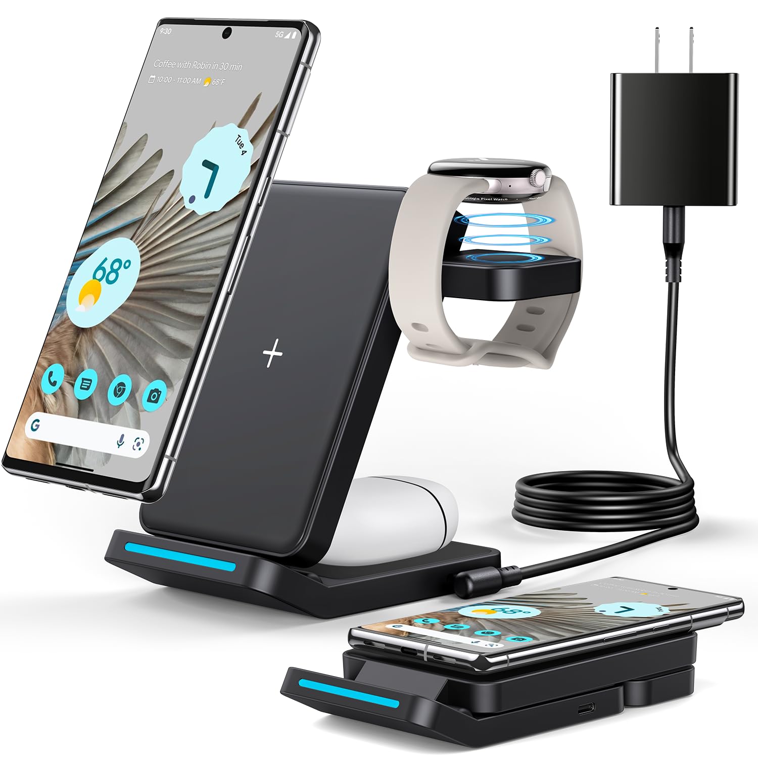 Houflody 3 in 1 Foldable Wireless Charging Station for Google Pixel Watch 1, Pixel Buds Pro and Google Phones Fold/8 Pro/8/7 Pro/7a/7/6 Pro/6/5/4/3/XL, Wireless Charger with QC 18W Adapter, Black