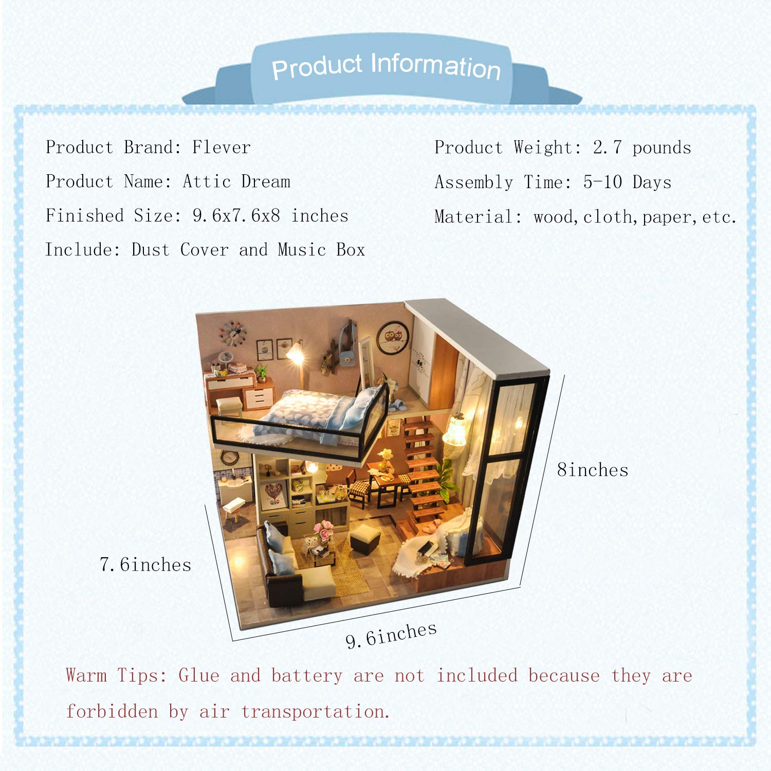 Flever Dollhouse Miniature DIY House Kit Creative Room with Furniture for Romantic Valentine's Gift-Attic Dream
