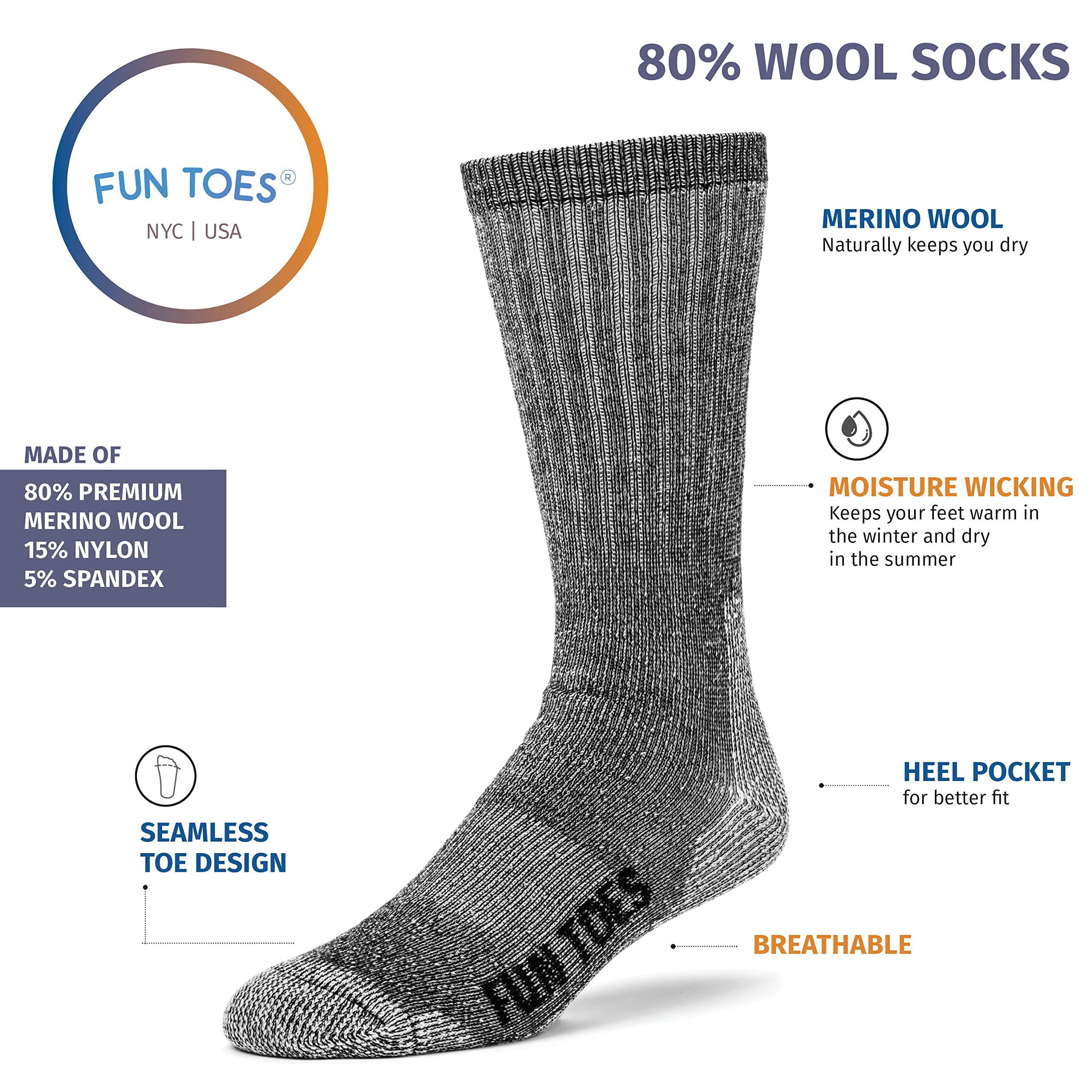 FUN TOES Boot Socks for Men, 3 Pairs Durable Thermal Insulated 80% Merino Wool Warm Hiking for Winter, Indoor or Outdoor (1 Black/1 Brown/1 Green)