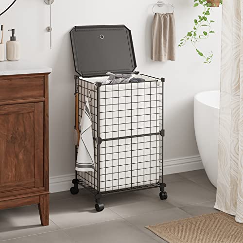WOWLIVE Iron Wire Laundry Hamper with Lid, Foldable Laundry Basket with Wheels and Removable bags,Collapsible Dirty Clothes Hamper Organizer Dorm Room Storage for Bedroom, Bathroom (Black)