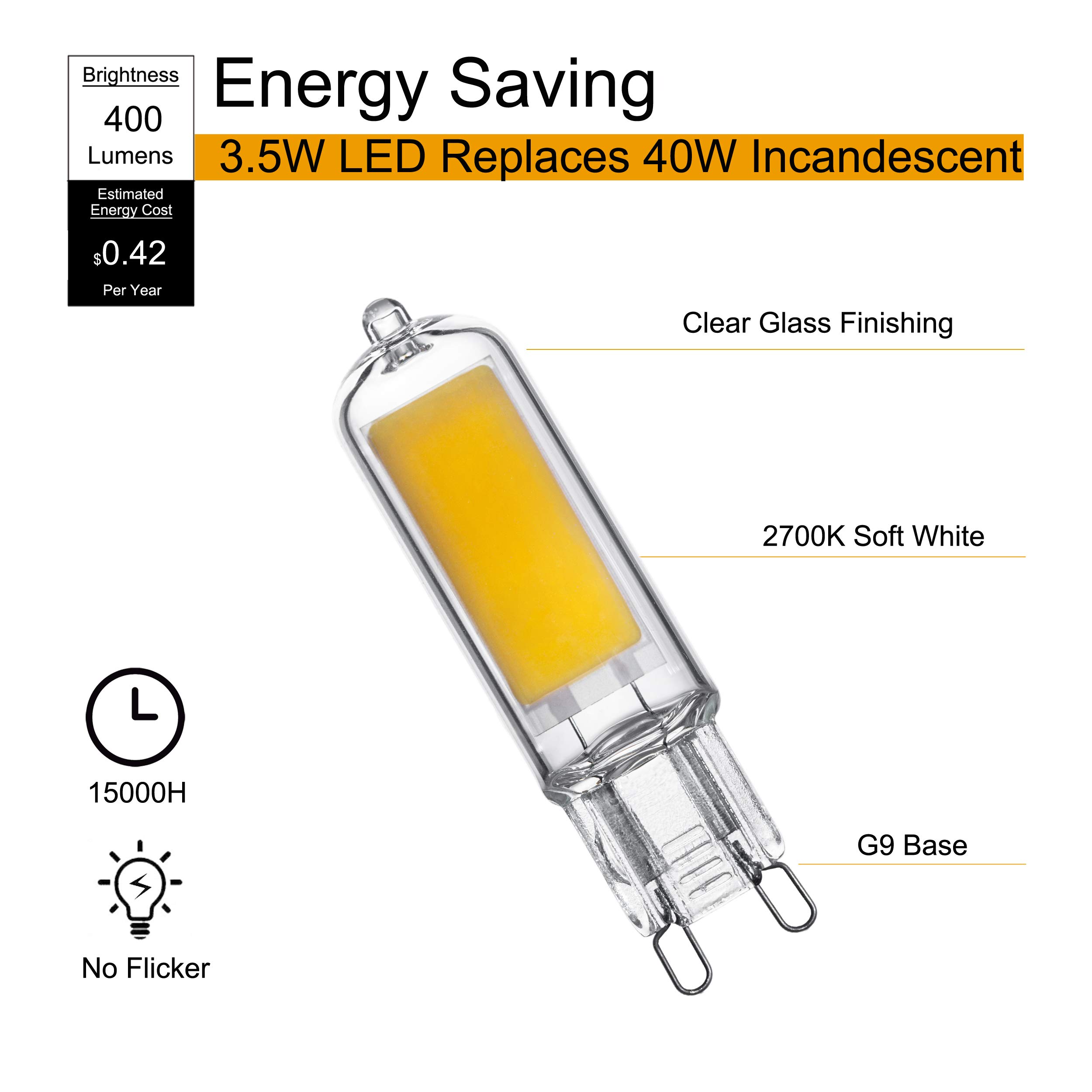 FLSNT G9 LED Light Bulb Bi Pin Base for Chandelier, 3.5W (40W Halogen Equivalent), 2700K Soft White, G9 Base, 400LM, CRI82, Non-dimmable, 12-Pack