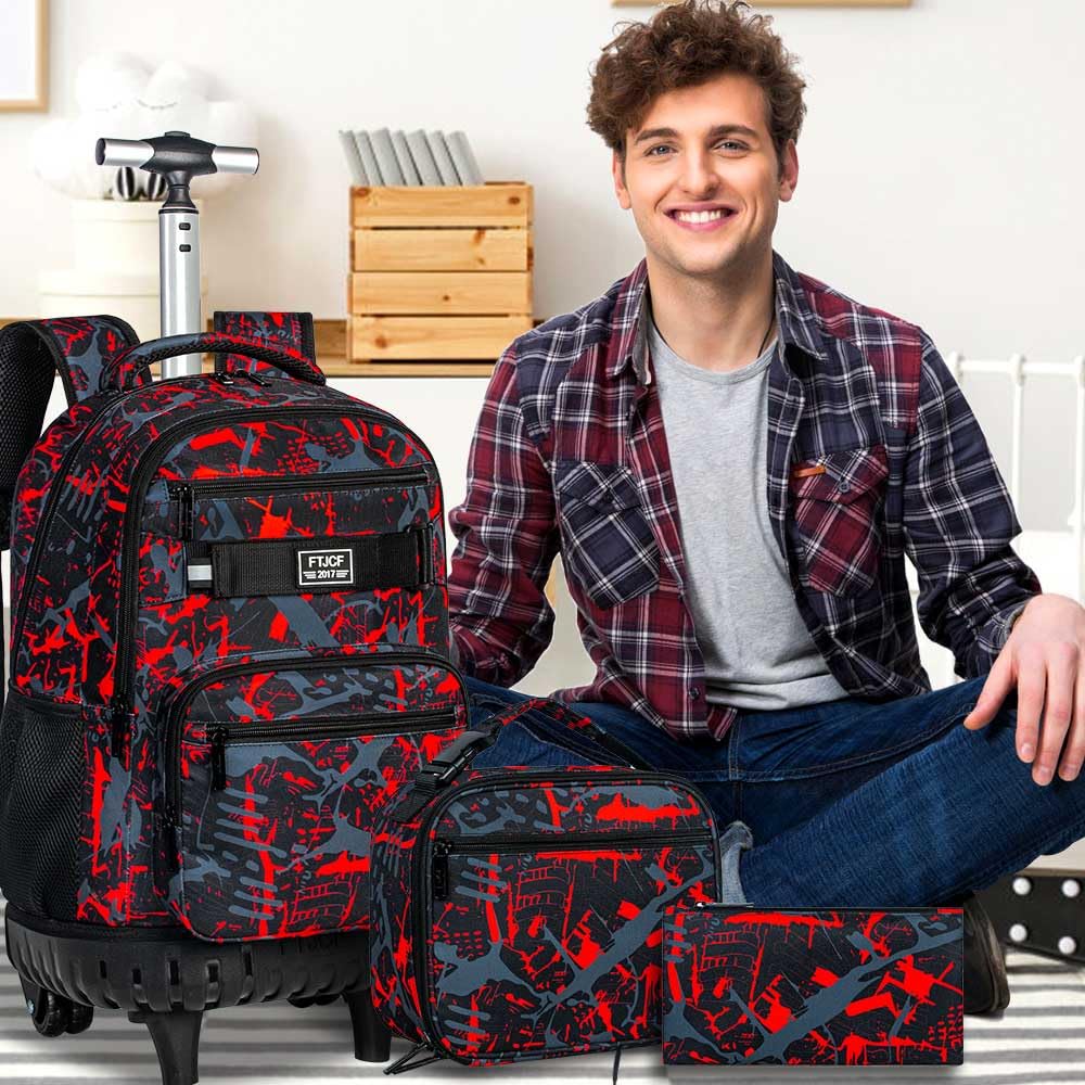 FTJCF 3PCS Rolling Backpack for Boys, 19 Inche Adults Roller Bag with Wheels, Graffiti Wheeled Bookbag Set for Men(Red)