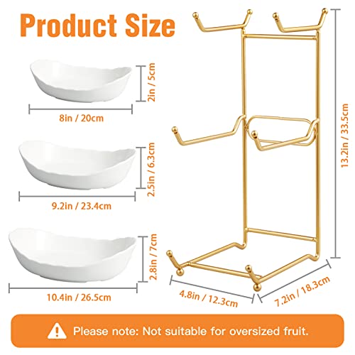 HOMKULA Fruit Bowl for Kitchen Counter - 3 Tier Ceramic Serving Bowls with Metal Stand, Tiered Fruit Basket for Fruit Vegetable Storage, Snack, Nuts, Cake, Dessert (Gold)