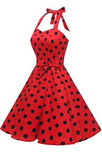 Topdress Women's Vintage Polka Audrey Dress 1950s Halter Retro Cocktail Dress Red/Black Dot M