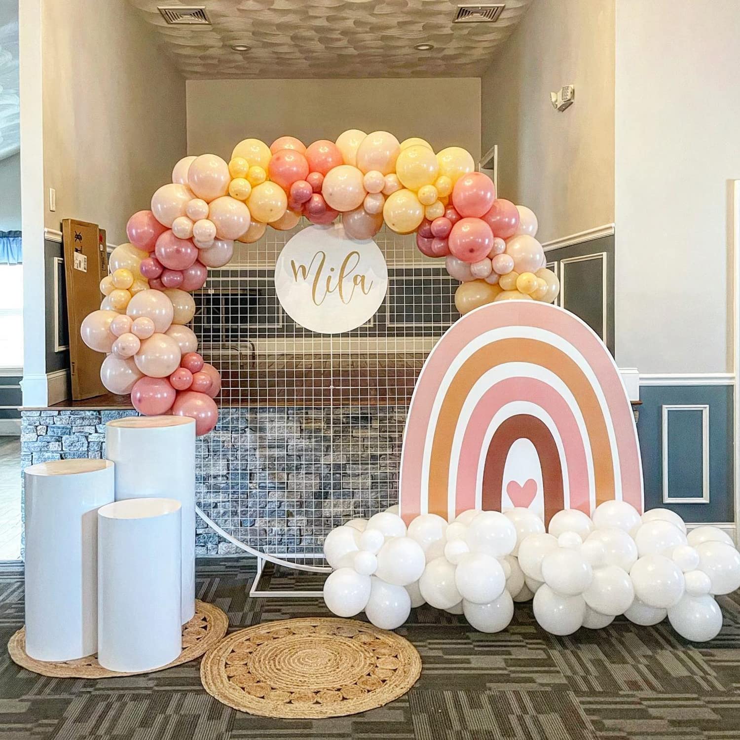 FENCYGIH 130Pcs Boho Balloon Garland Arch Kit, Boho Baby Shower Decorations with Dusty Pink Nude Sand White Long Twisting Balloons White Paper Tassels for Two Groovy Boho Rainbow Party Decorations