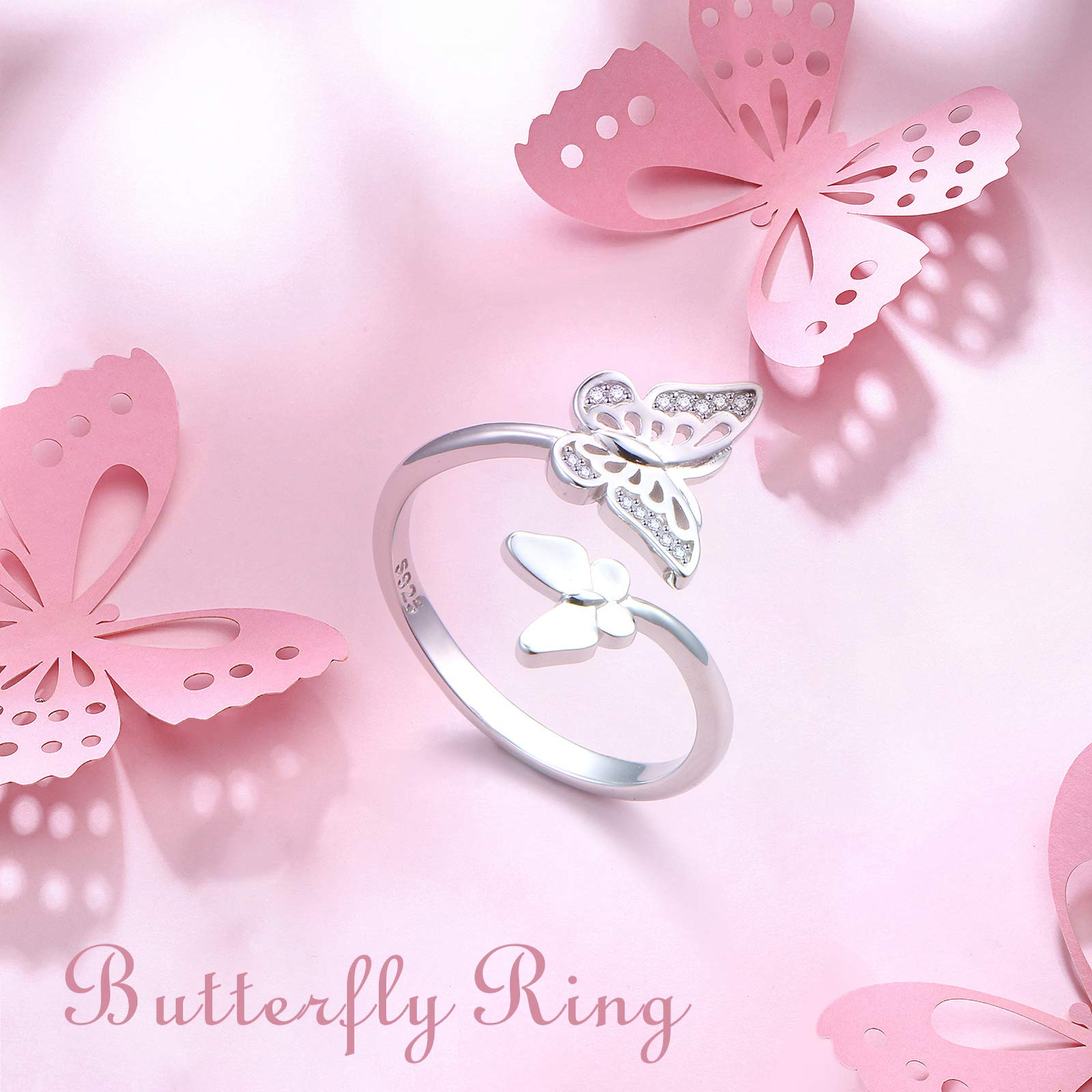 FLYOW Butterfly Ring 925 Sterling Silver Double Butterfly Wrap Around Ring with White CZ Adjustable Thumb Open Rings for Women Jewelry Gifts