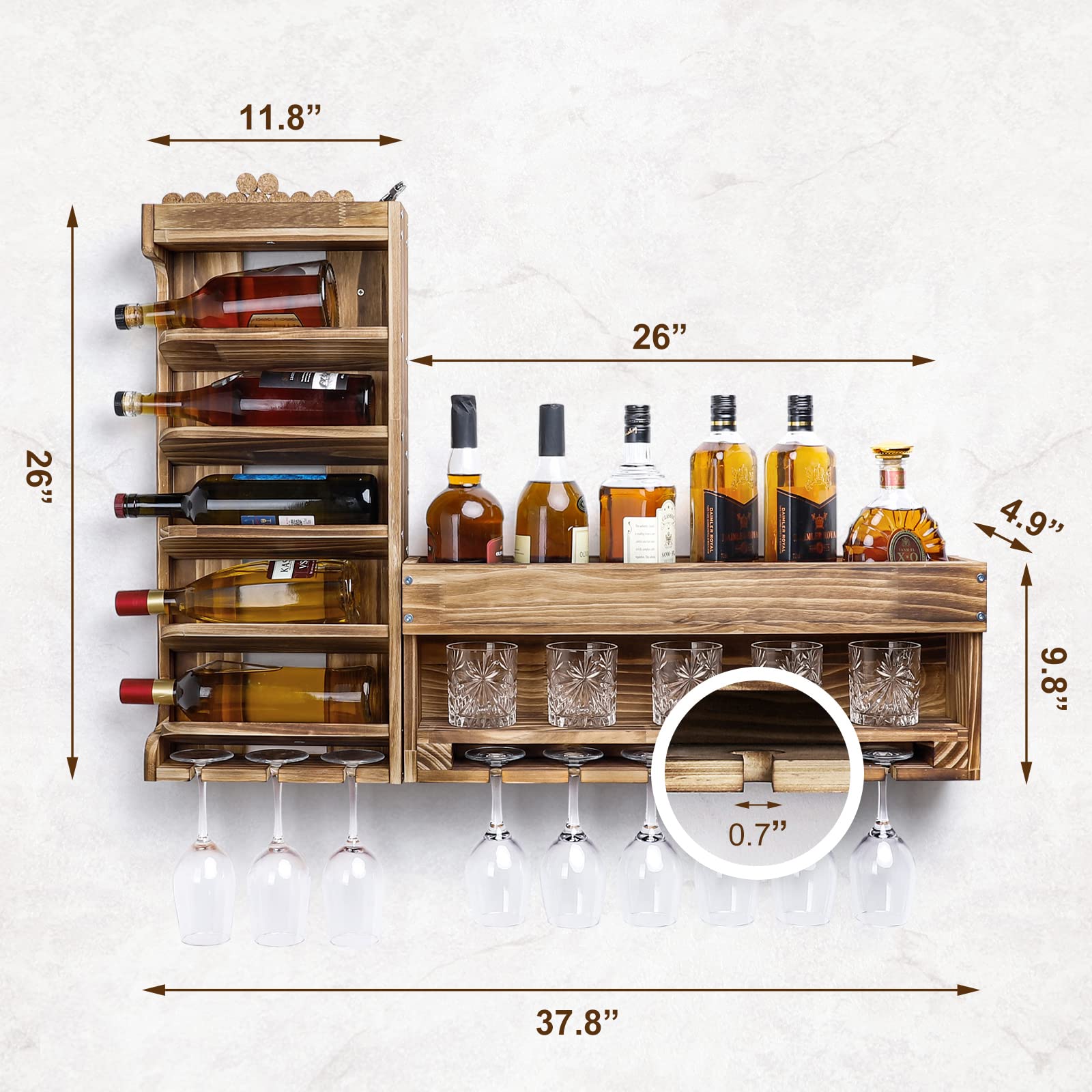 Homde Wine Rack Wall Mounted Wood Wine Shelf with Bottle Stemware Glass Holder Rustic Wine Display Storage Rack