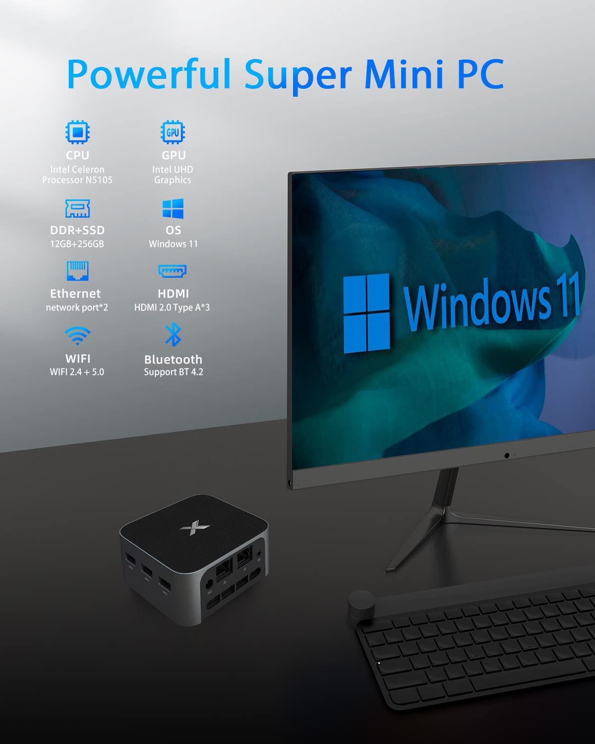 Mini PC 12GB RAM 256GB SSD Desktop Computer Intel Celeron N5105 (up to 2.90GHz) 11th Gen 4 Core CPU, Builtin 2.4G 5G Dual Band WiFi and Bluetooth 4.2 HDMI USB 3.0 LAN Port
